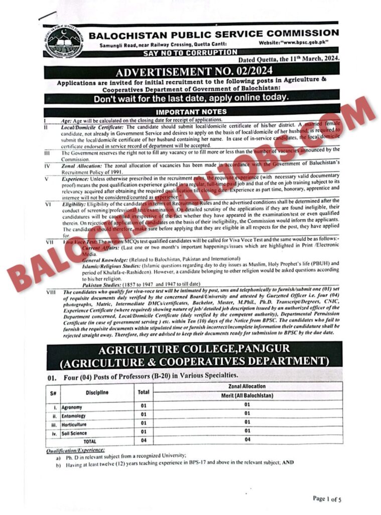 BPSC Jobs 2024 Advertisement No 2 2024 - Balochistan Rozgar