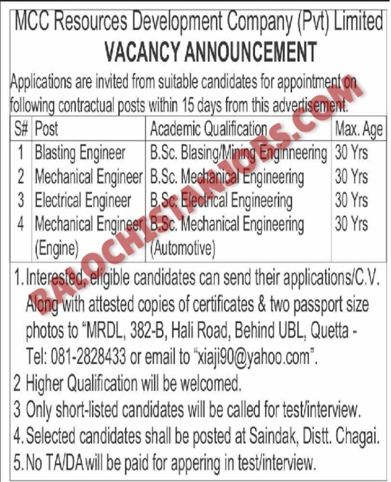 MCC Resources Development Company Jobs 2024 - Balochistan Rozgar