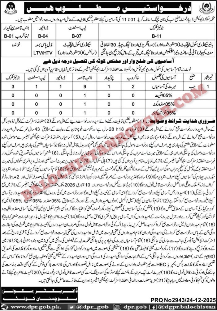 School Education Department Hub Non Teaching Jobs 2026 - Balochistan Rozgar